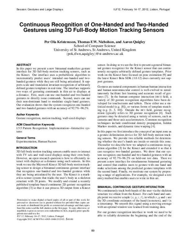 Pdf Continuous Recognition Of One Handed And Two Handed Gestures Using 3d Full Body Motion