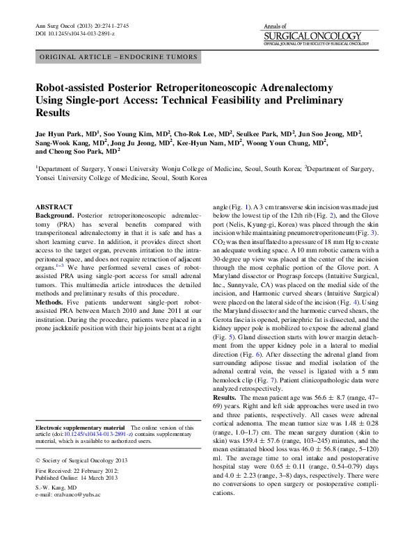 (PDF) Robot-assisted Posterior Retroperitoneoscopic Adrenalectomy Using ...