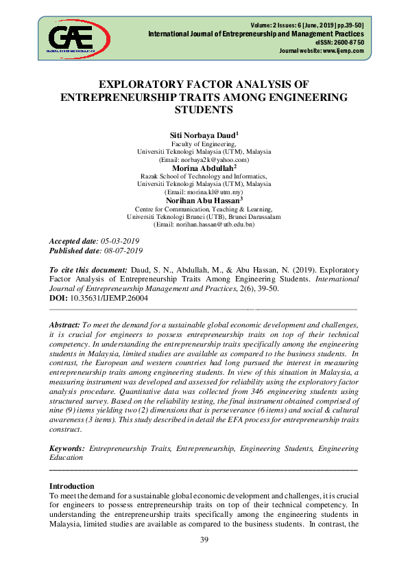 (PDF) Exploratory Factor Analysis of Entrepreneurship Traits Among Engineering Students