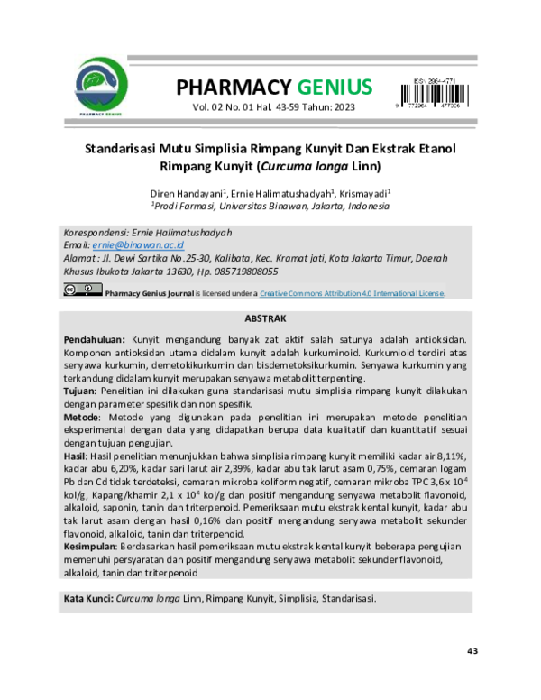 (PDF) Standarisasi Mutu Simplisia Rimpang Kunyit Dan Ekstrak Etanol Rimpang Kunyit (Curcuma ...