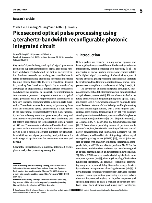 (PDF) Picosecond optical pulse processing using a terahertz-bandwidth reconfigurable photonic ...