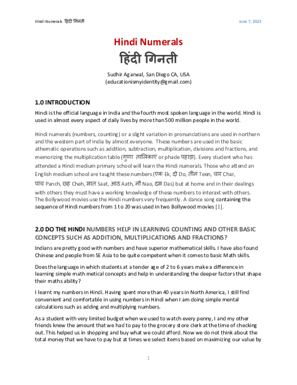 (PDF) Hindi Numbers