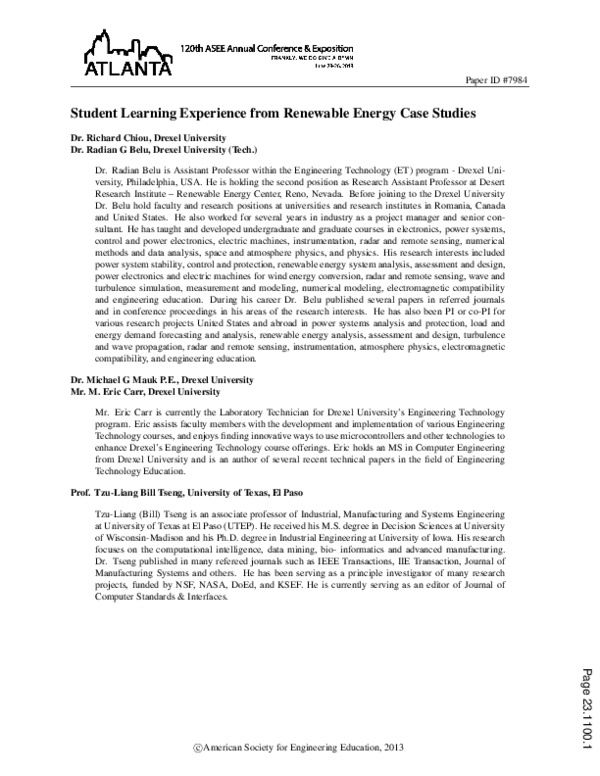 (PDF) Student Learning Experience from Renewable Energy Case Studies