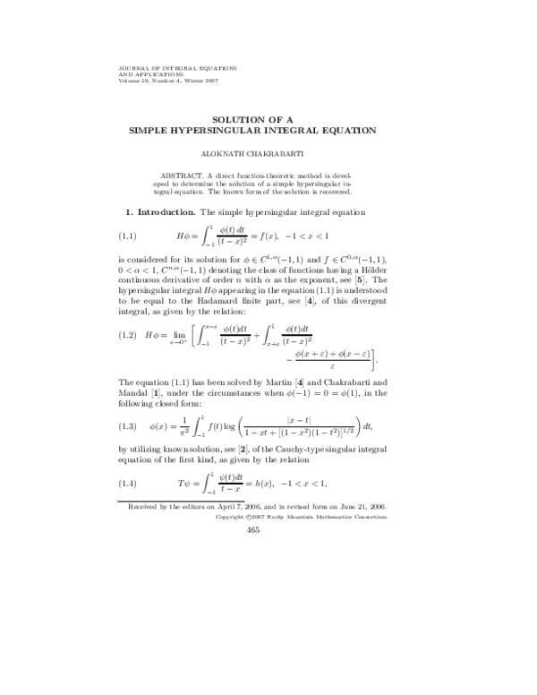 (PDF) Solution of a Simple Hypersingular Integral Equation