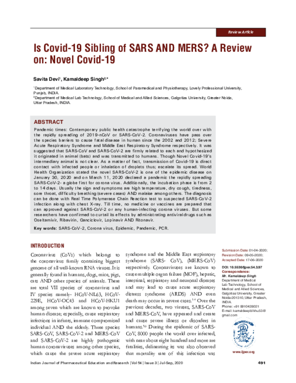 (PDF) Is Covid-19 Sibling of SARS AND MERS? A Review on: Novel Covid-19