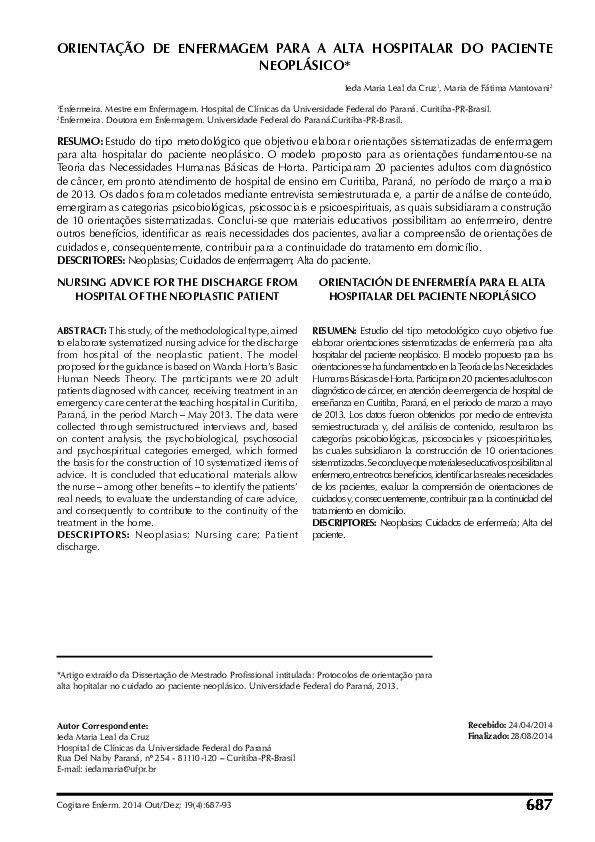 (PDF) Orientação De Enfermagem Para a Alta Hospitalar Do Paciente ...