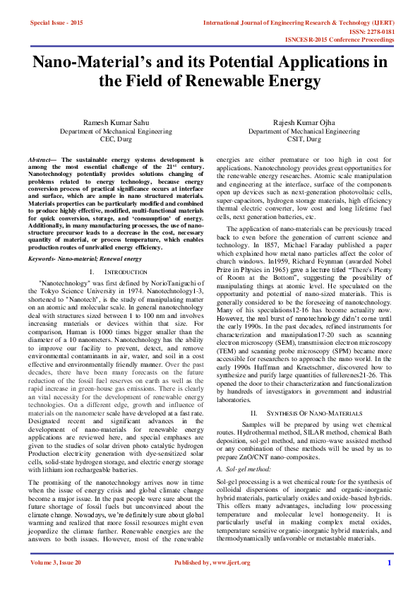 (PDF) Nano-Material's and its Potential Applications inthe Field of Renewable Energy | Ramesh ...