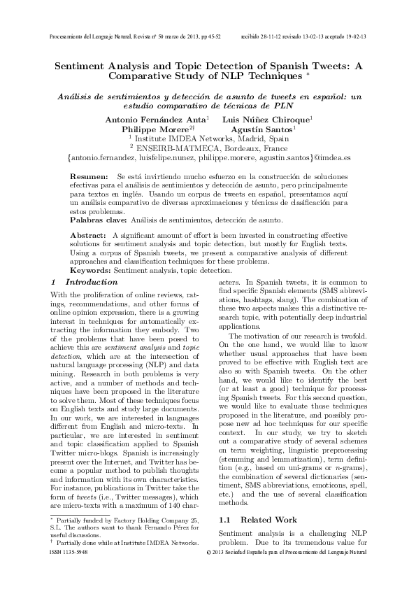 Pdf Sentiment Analysis And Topic Detection Of Spanish Tweets A