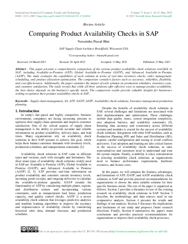 (PDF) Comparing Product Availability Checks in SAP