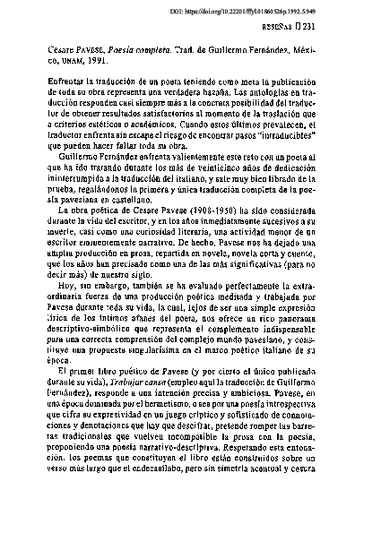 (PDF) Reseña de Cesare Pavese. Poesía completa