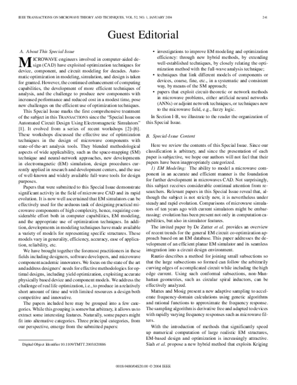 (PDF) Special issue on electromagnetics-based optimization of microwave components and circuits
