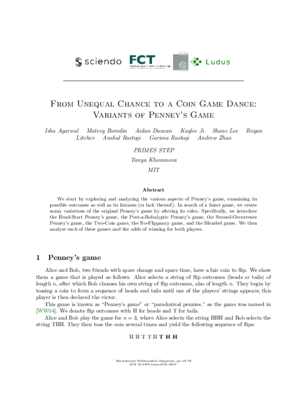 (PDF) From Unequal Chance to a Coin Game Dance: Variants of Penney’s ...