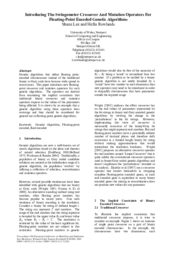 Pdf Introducing The Swingometer Crossover And Mutation Operators For Floating Point Encoded