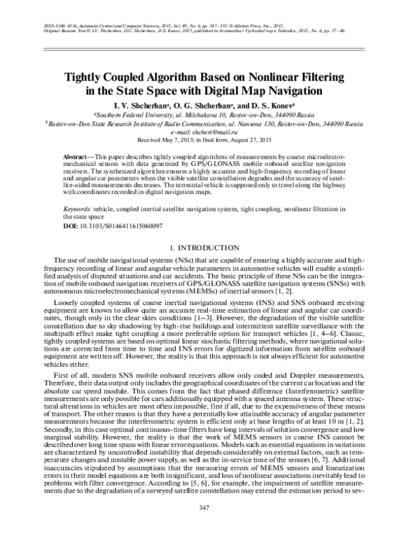 Pdf Tightly Coupled Algorithm Based On Nonlinear Filtering In The State Space With Digital Map