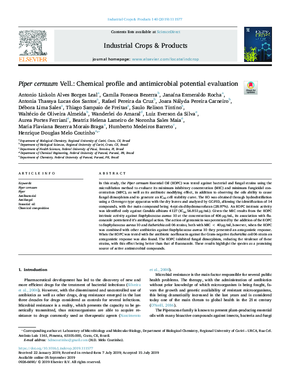 (PDF) Piper cernuum Vell.: Chemical profile and antimicrobial potential ...