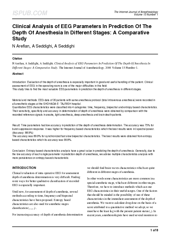 (PDF) Clinical Analysis of EEG Parameters In Prediction Of The Depth Of Anesthesia In Different ...