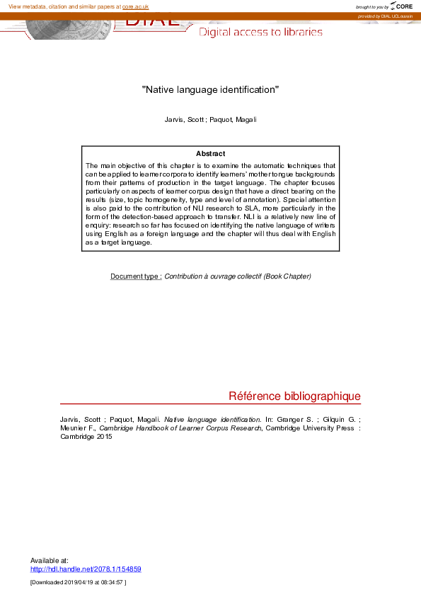 Pdf Native Language Identification Scott Jarvis