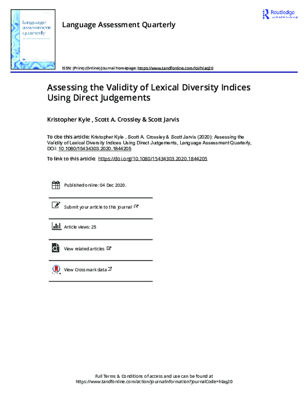 (PDF) Assessing the Validity of Lexical Diversity Indices Using Direct ...