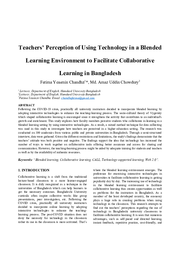 (DOC) Teachers' Perception of Using Technology in a Blended Learning Environment to Facilitate ...