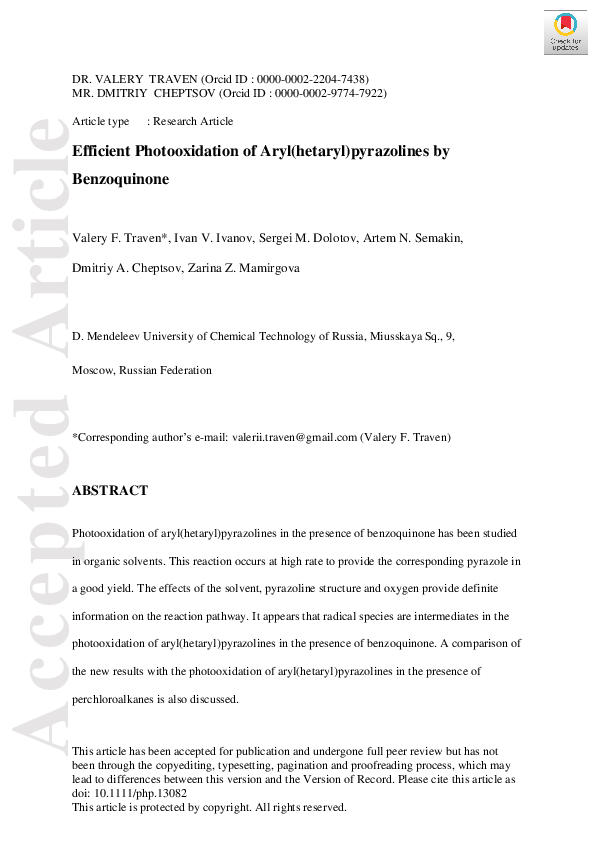(PDF) Efficient Photooxidation of Aryl(hetaryl)pyrazolines by Benzoquinone