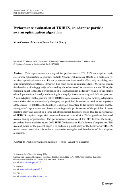 (PDF) Performance evaluation of TRIBES, an adaptive particle swarm ...