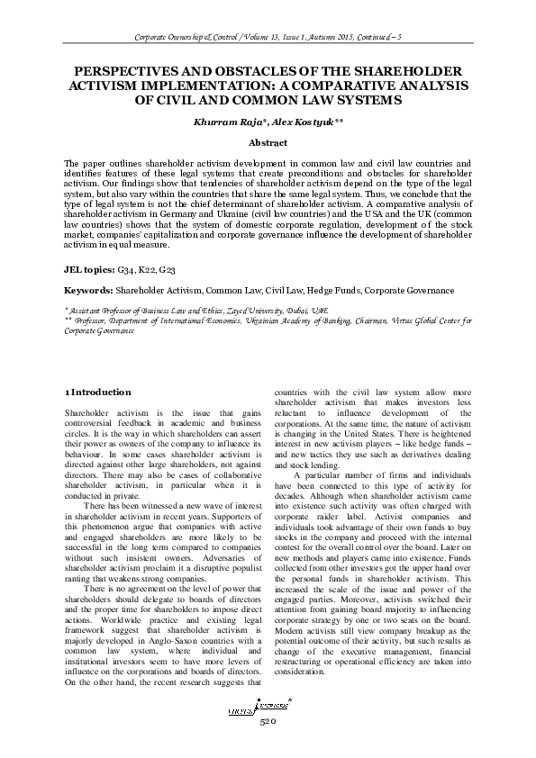(PDF) Perspectives and obstacles of the shareholder activism ...