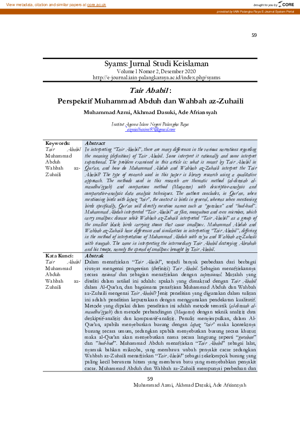 (PDF) Tair Ababil : Perspektif Muhammad Abduh dan Wahbah az-Zuhaili