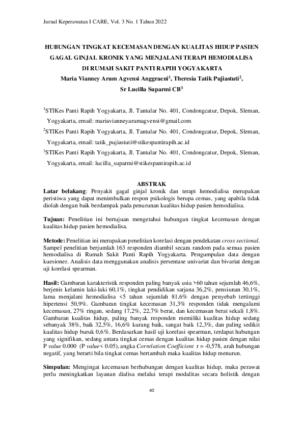 (PDF) Hubungan Tingkat Kecemasan Dengan Kualitas Hidup Pasien Gagal Ginjal Kronik Yang Menjalani ...