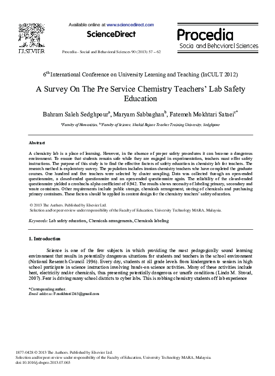 (PDF) A Survey on the Pre Service Chemistry Teachers’ Lab Safety Education | bahram saleh ...