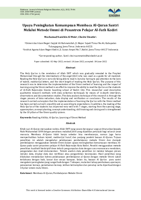 (PDF) Upaya Peningkatan Kemampuan Membaca Al-Quran Santri Melalui Metode Ummi di Pesantren ...