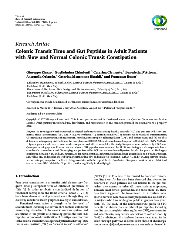 (PDF) Colonic Transit Time and Gut Peptides in Adult Patients with Slow ...