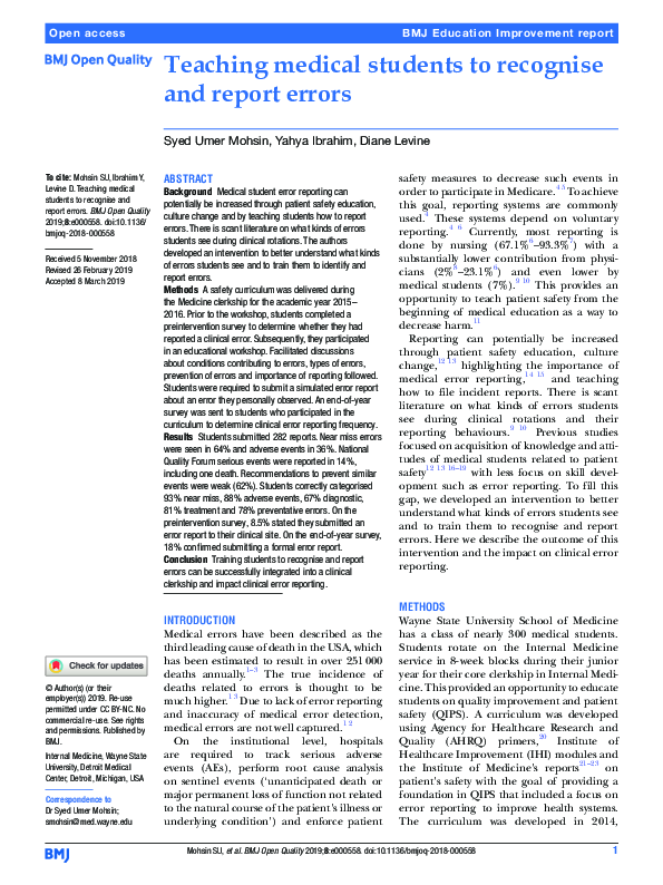 (PDF) Teaching medical students to recognise and report errors | Yahya ...