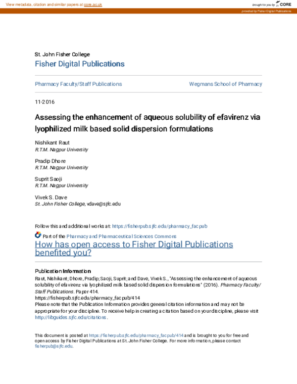 (PDF) Assessing the Enhancement of Aqueous Solubility of Efavirenz via ...