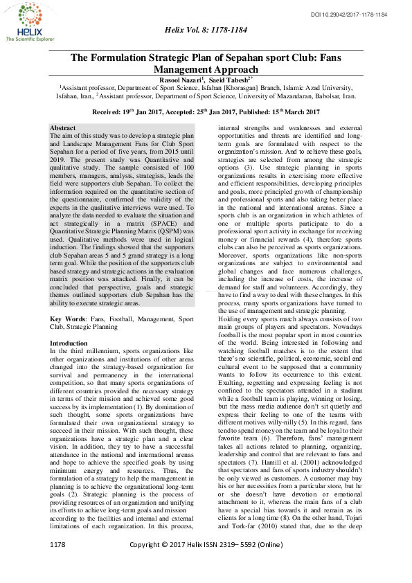 (PDF) The Formulation Strategic Plan of Sepahan sport Club: Fans ...
