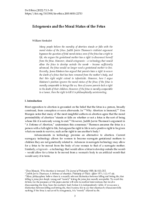 (PDF) Ectogenesis and the Moral Status of the Fetus
