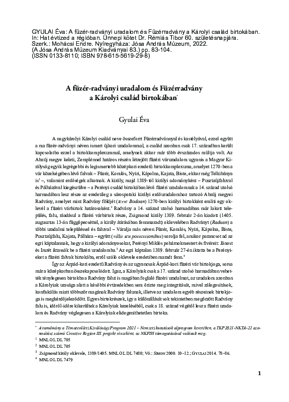 (PDF) [Dominium of Füzér-Radvány as the property of the Count Károlyi ...