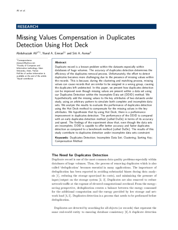 (PDF) Missing Values Compensation in Duplicates Detection Using Hot Deck