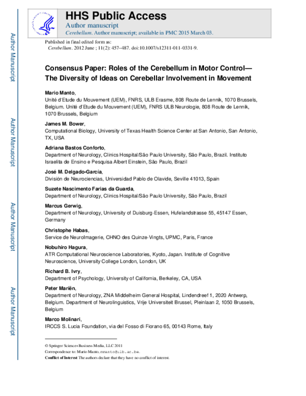 (PDF) Consensus Paper: Roles of the Cerebellum in Motor Control—The ...