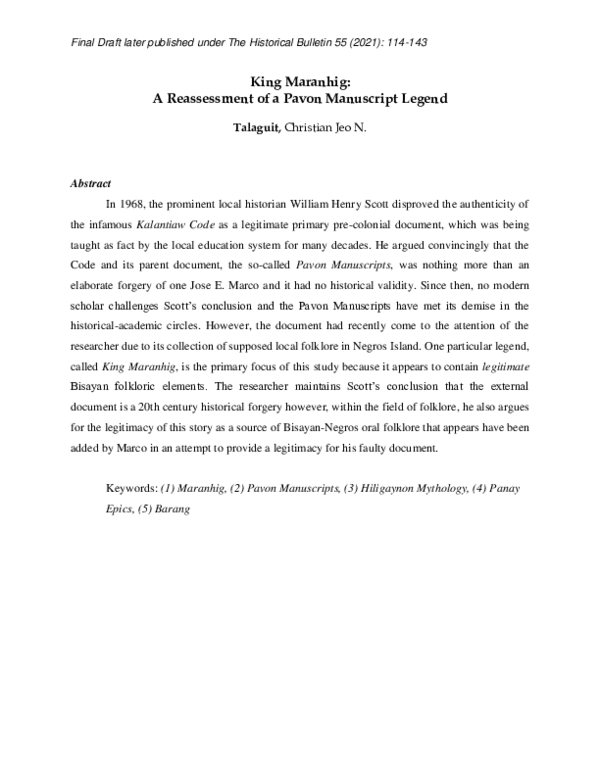 (PDF) King Maranhig: A Reassessment of a Pavon Manuscript Legend