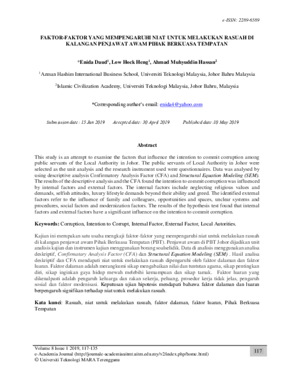 (PDF) FAKTOR-FAKTOR YANG MEMPENGARUHI NIAT UNTUK MELAKUKAN RASUAH DI ...
