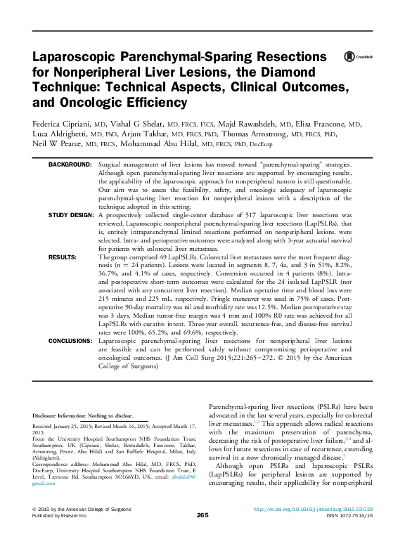 (PDF) Laparoscopic Parenchymal-Sparing Resections for Nonperipheral ...