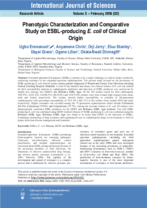 (PDF) Phenotypic Characterization and Comparative Study on ESBL-producing E. coli of Clinical Origin