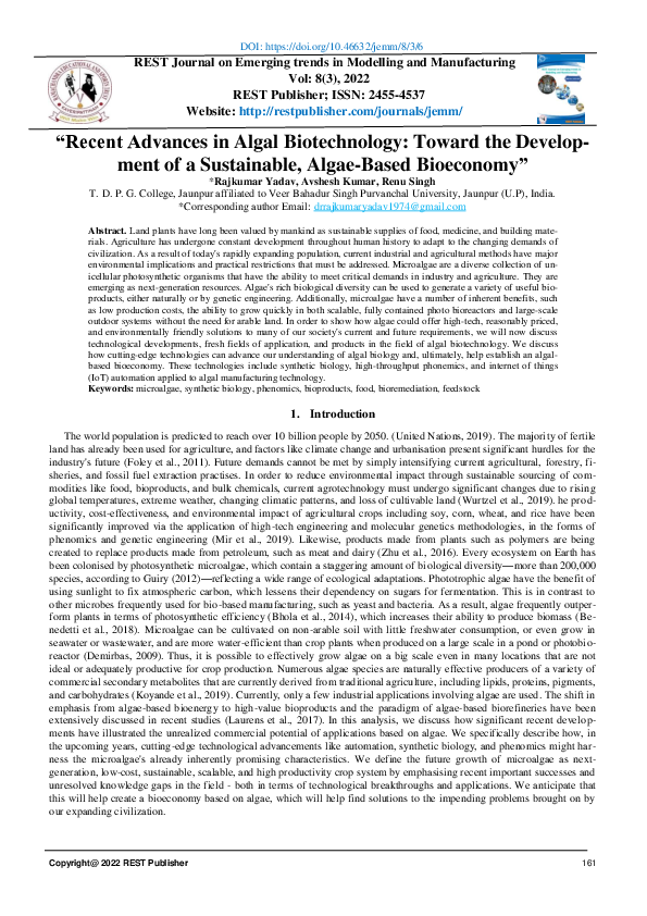(PDF) “Recent Advances in Algal Biotechnology: Toward the Development of a Sustainable, Algae ...