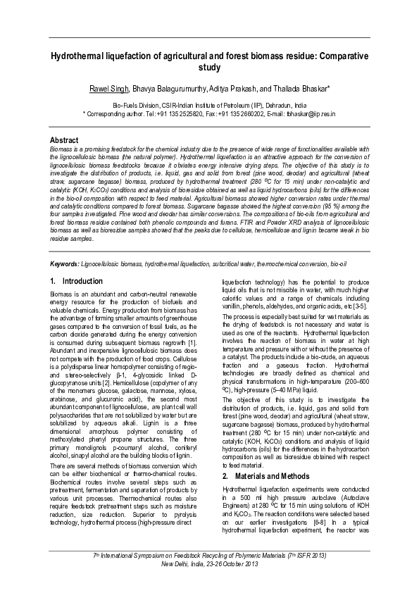 (PDF) Hydrothermal liquefaction of agricultural and forest biomass residue: comparative study
