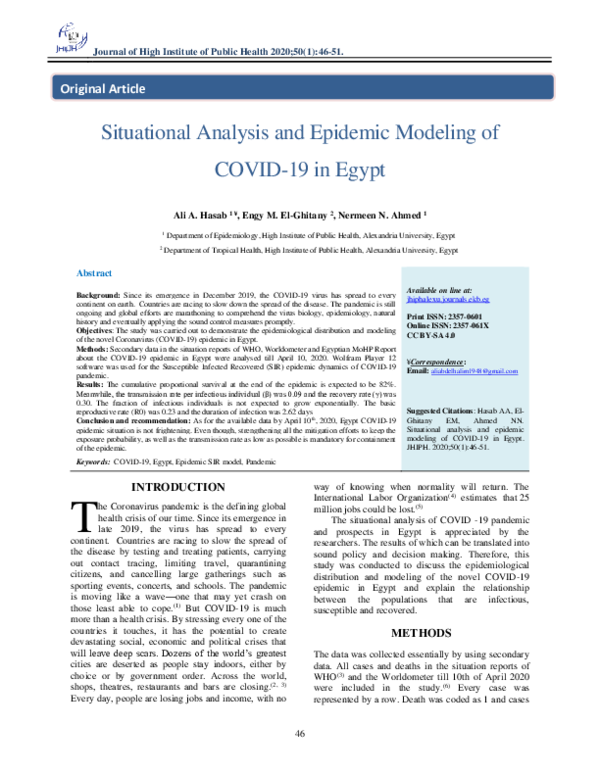 (PDF) Situational Analysis and Epidemic Modeling of COVID-19 in Egypt