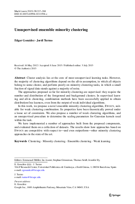 (PDF) Unsupervised ensemble minority clustering