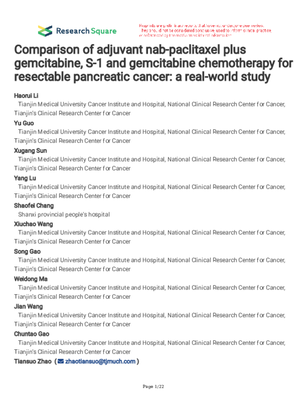 (PDF) Comparison of adjuvant nab-paclitaxel plus gemcitabine, S-1 and gemcitabine chemotherapy ...