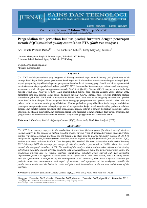 (PDF) Pengendalian Dan Perbaikan Kualitas Produk Furniture Dengan Penerapan Metode SQC ...