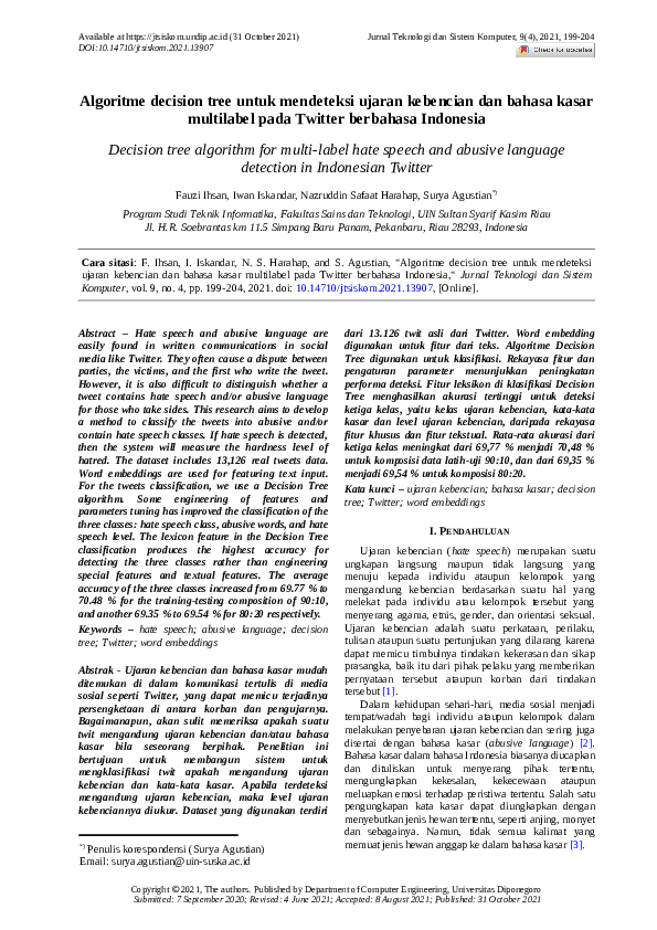 Pdf Decision Tree Algorithm For Multi Label Hate Speech And Abusive Language Detection In