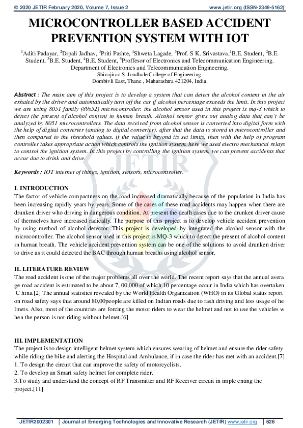 (PDF) Microcontroller Based Accident Prevention System with Iot